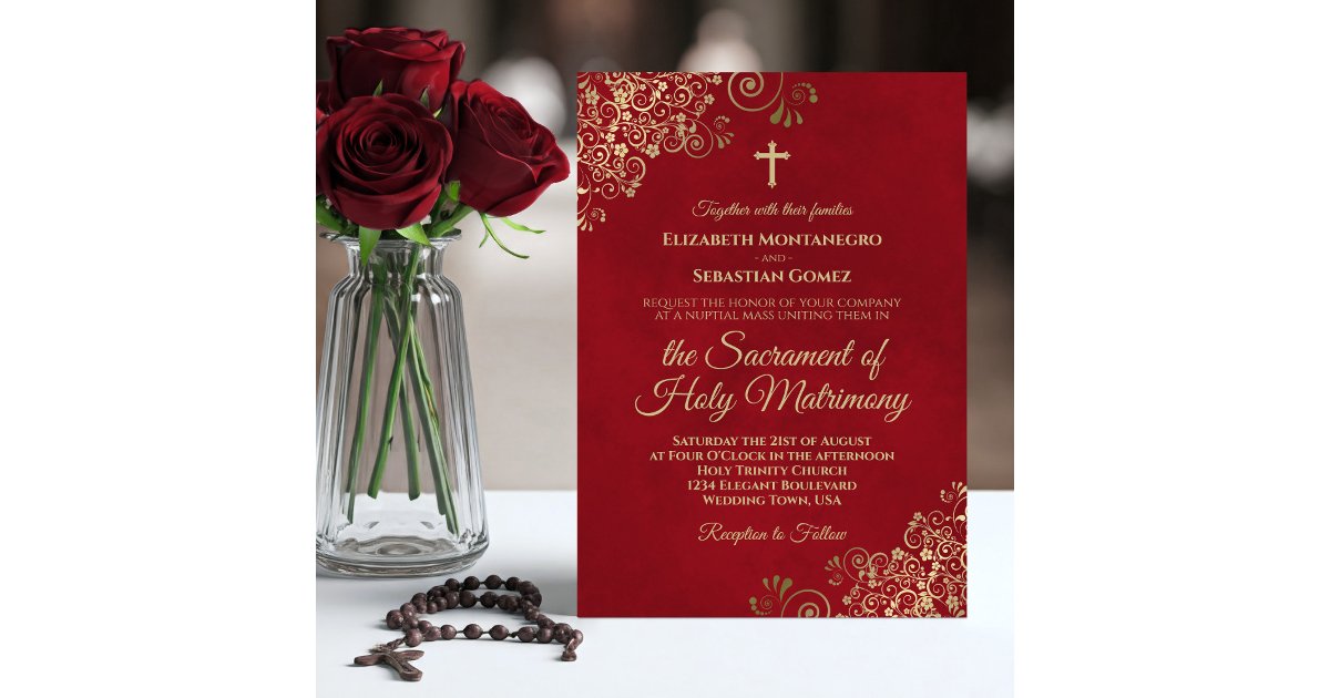 Elegant Crimson Red & Gold Modern Catholic Wedding Invitation | Zazzle
