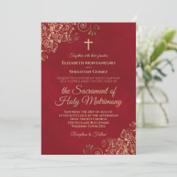 Elegant Crimson Red & Gold Modern Catholic Wedding Invitation | Zazzle