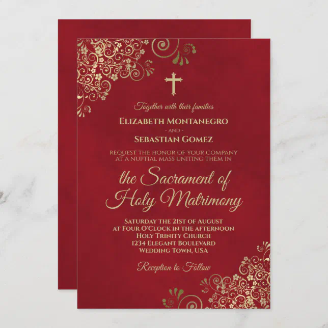 Elegant Crimson Red & Gold Modern Catholic Wedding Invitation | Zazzle