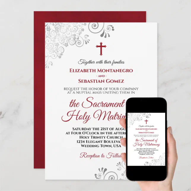 Elegant Crimson Red & Gray Modern Catholic Wedding Invitation | Zazzle