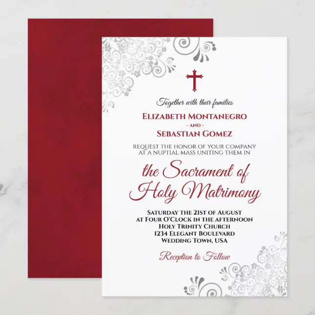 Elegant Crimson Red & Gray Modern Catholic Wedding Invitation | Zazzle
