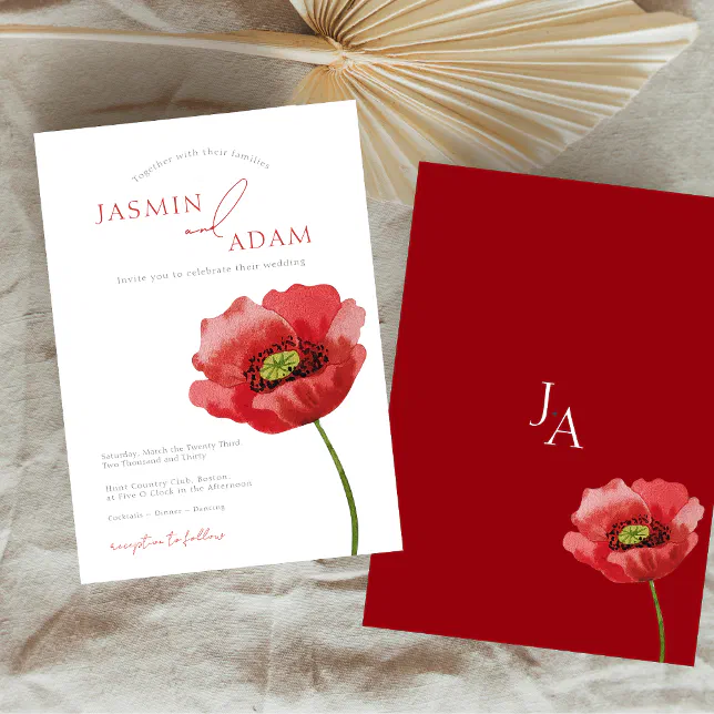 Elegant Crimson Red Poppy Floral Wedding Invitation | Zazzle