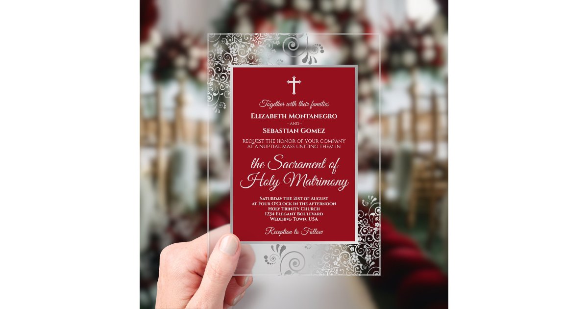 Elegant Crimson Red & Silver Chic Catholic Wedding Acrylic Invitations ...