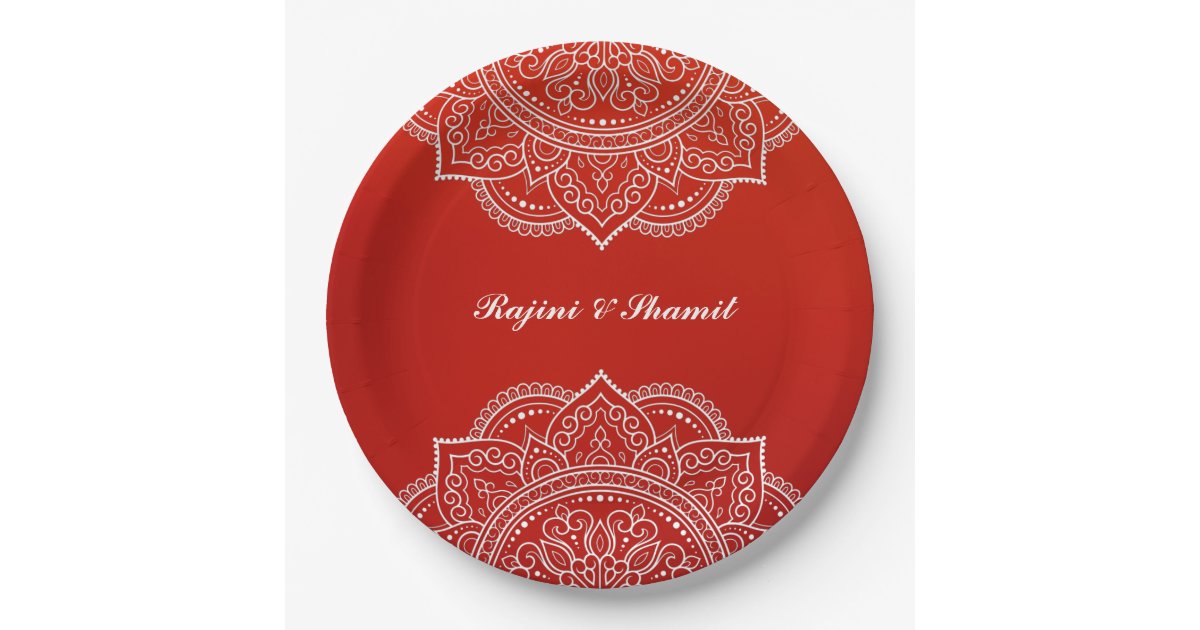 Elegant Crimson White Mandala Indian Hindu Wedding Paper Plates | Zazzle