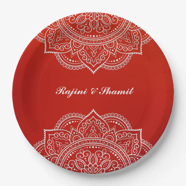 Elegant Crimson White Mandala Indian Hindu Wedding Paper Plates | Zazzle