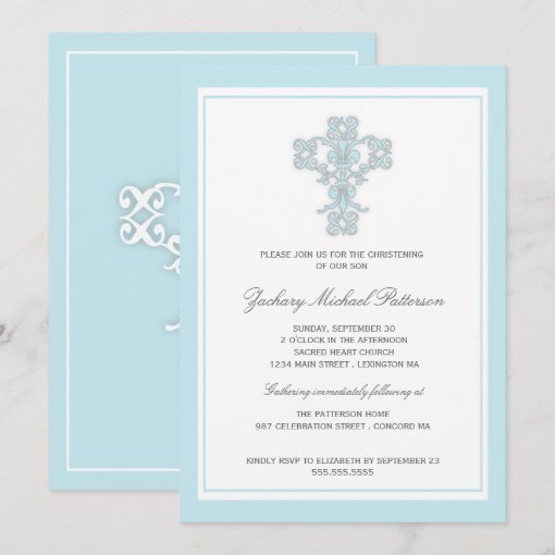 Elegant Cross Blue Baby Boy Christening Invitation | Zazzle