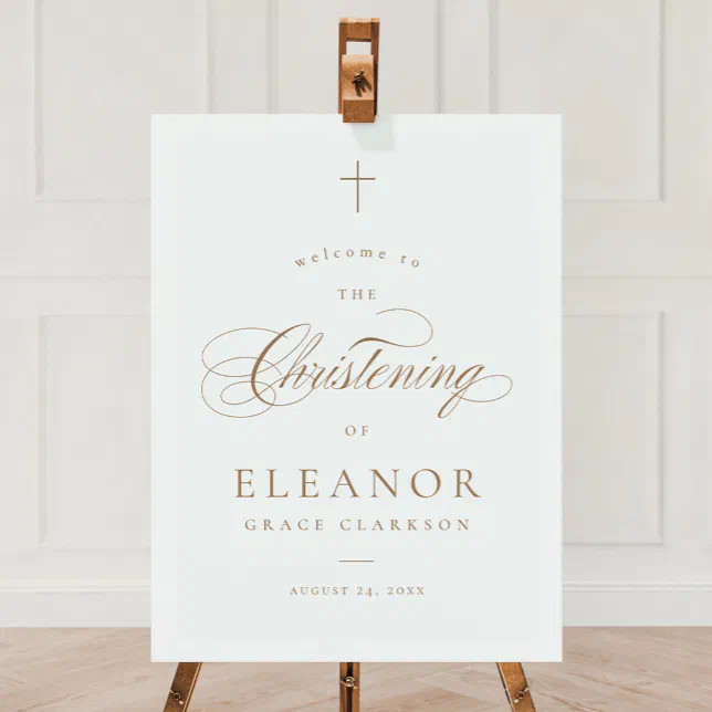 Elegant Cross Calligraphy Christening Welcome Sign | Zazzle