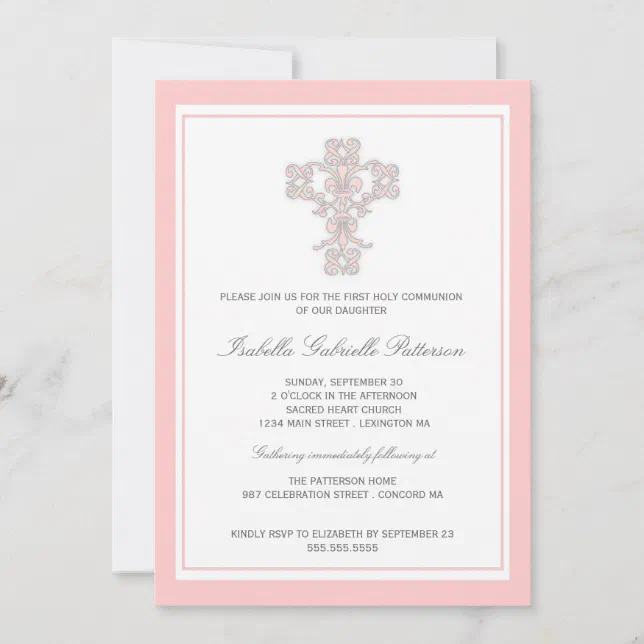 Elegant Cross Pink Girl First Communion Invitation | Zazzle