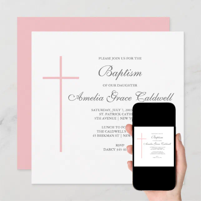 Elegant cross Pink invitation | Zazzle