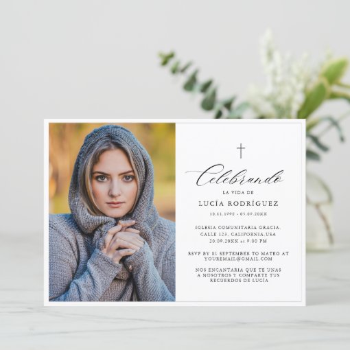Elegant Cross Spanish Funeral Memorial Photo Invitation | Zazzle