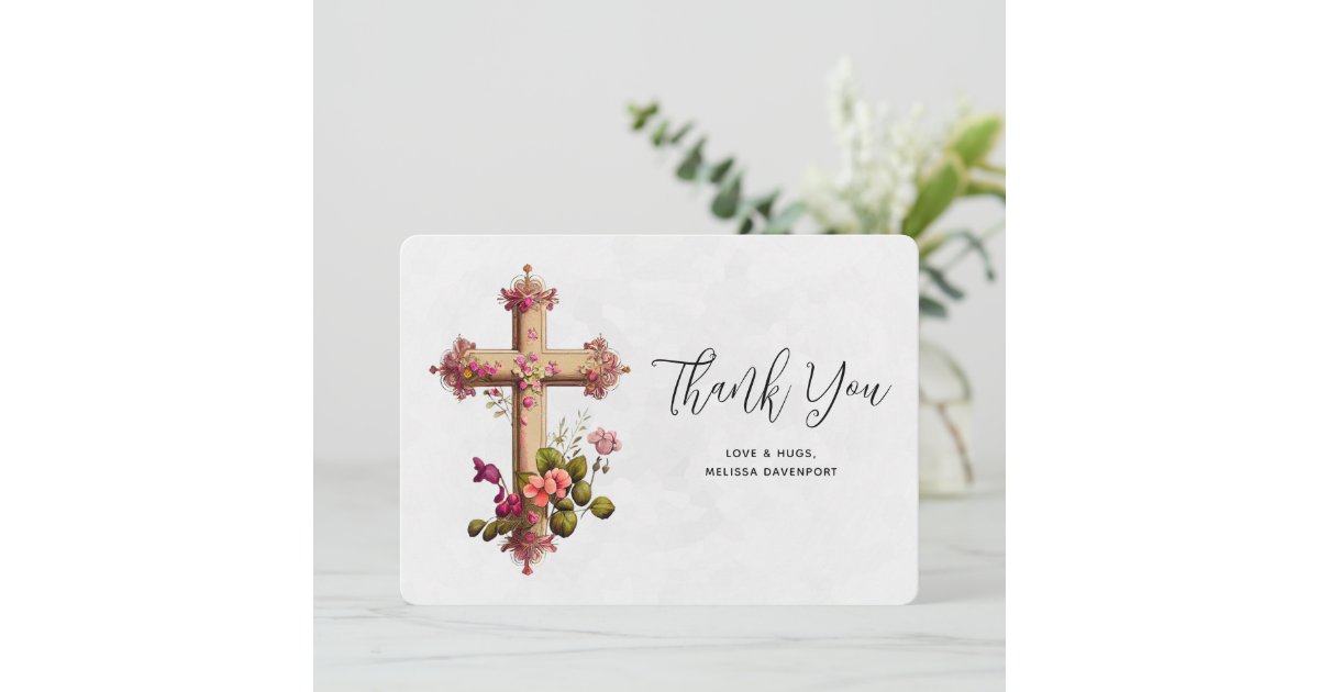 Elegant Cross with Pink Flowers Thank You Card | Zazzle