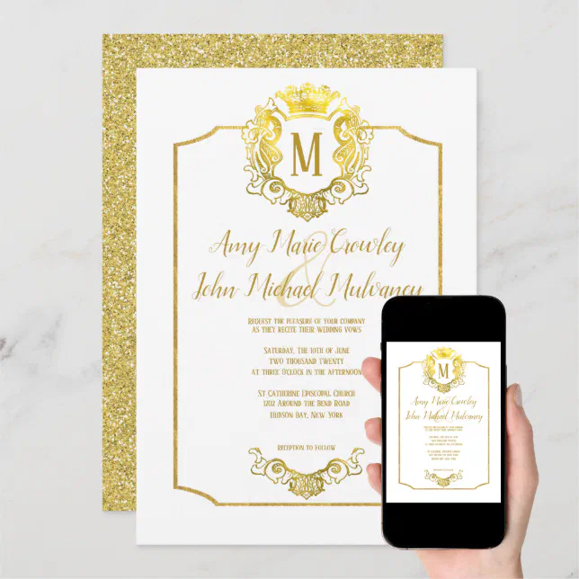 Elegant Crown Gold Royal Crest Wedding Invitation | Zazzle