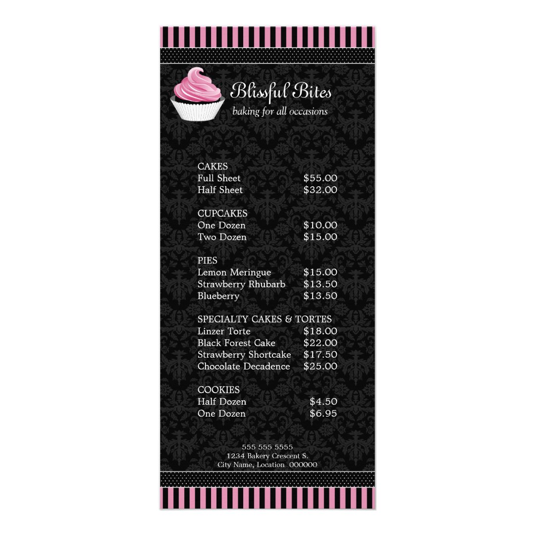 Elegant Cupcake Bakery Menu Price List | Zazzle