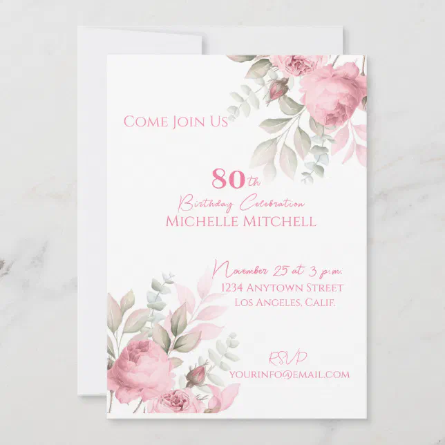 Elegant Custom 80th Birthday Pink Floral Invitation | Zazzle