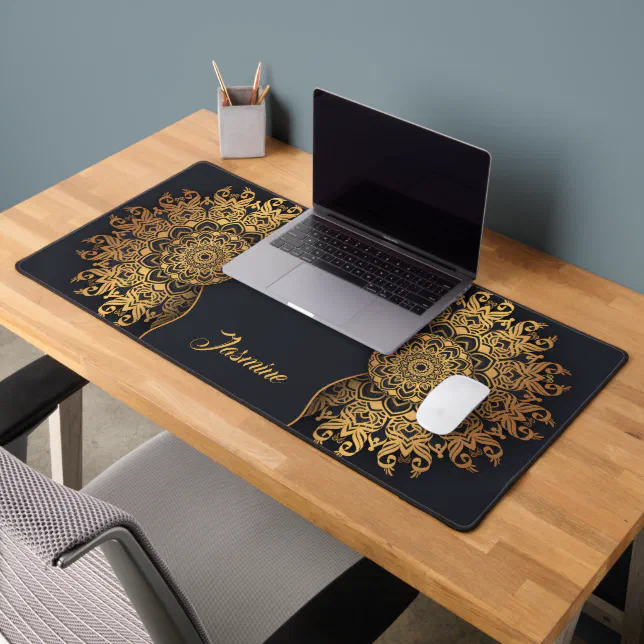Elegant Custom Black and Gold Mandala Desk Mat | Zazzle