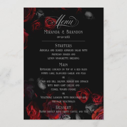 Elegant Custom Black and Red Floral Wedding Menu | Zazzle