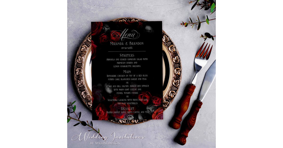 Elegant Custom Black and Red Floral Wedding Menu | Zazzle