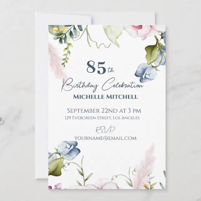 Elegant Custom Blue Pink 85th Birthday Invitation | Zazzle