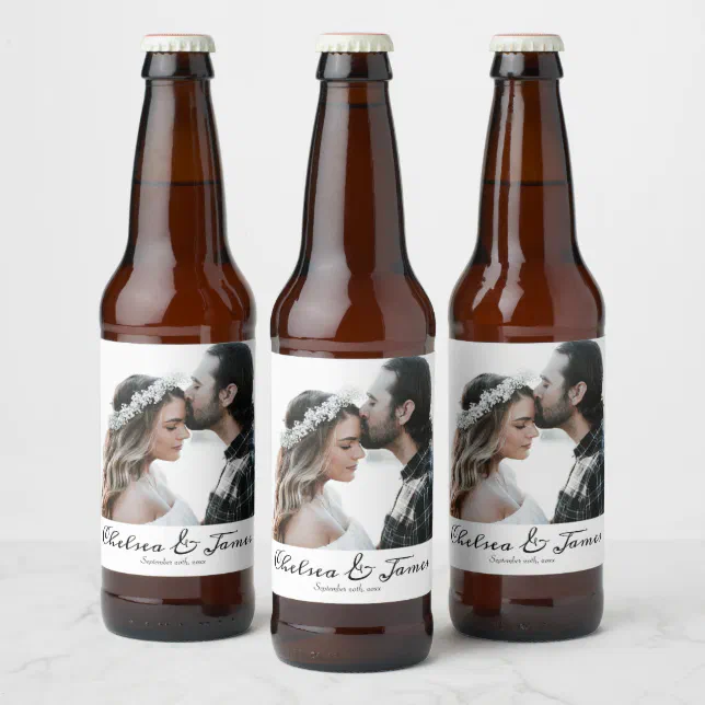 Elegant Custom Calligraphy Photo Wedding Beer Bottle Label | Zazzle