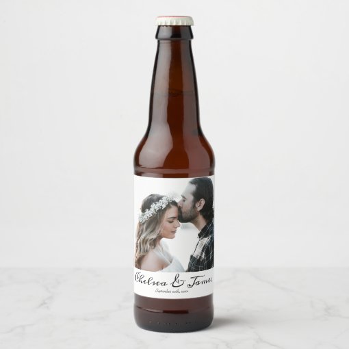 Elegant Custom Calligraphy Photo Wedding Beer Bottle Label | Zazzle