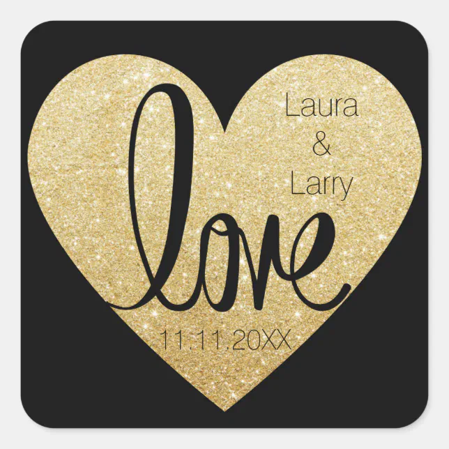 Elegant Custom Glitter Gold LOVE Black Wedding Square Sticker | Zazzle