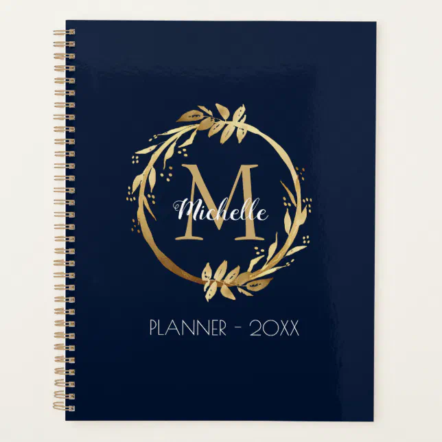 Elegant Custom Gold Wreath Monogram Navy Blue Planner | Zazzle