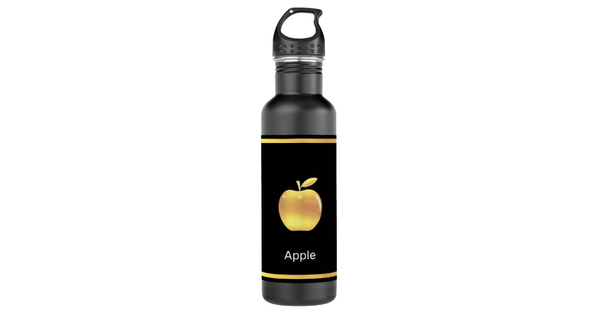 Elegant Custom Golden Apple Image & Text on Black Stainless Steel Water ...