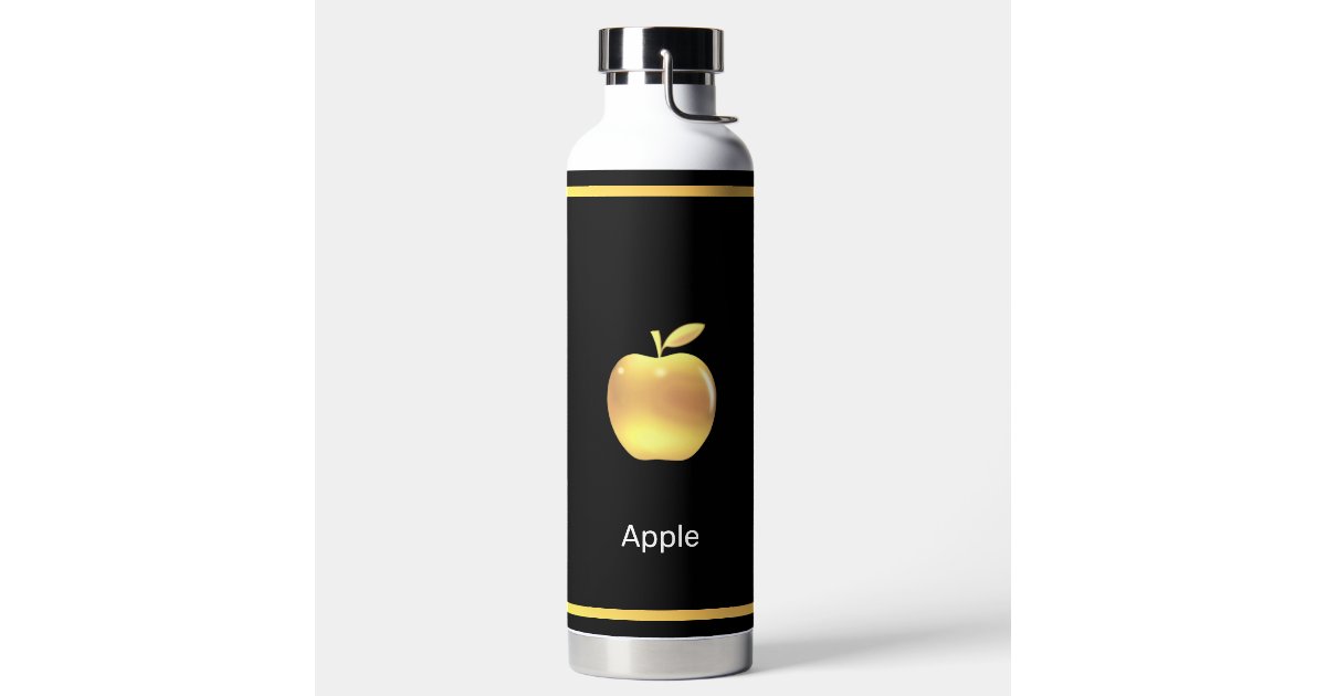 Elegant Custom Golden Apple Image & Text on Black Water Bottle | Zazzle