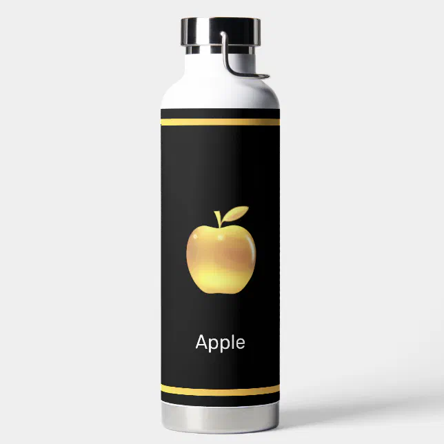 Elegant Custom Golden Apple Image & Text on Black Water Bottle | Zazzle