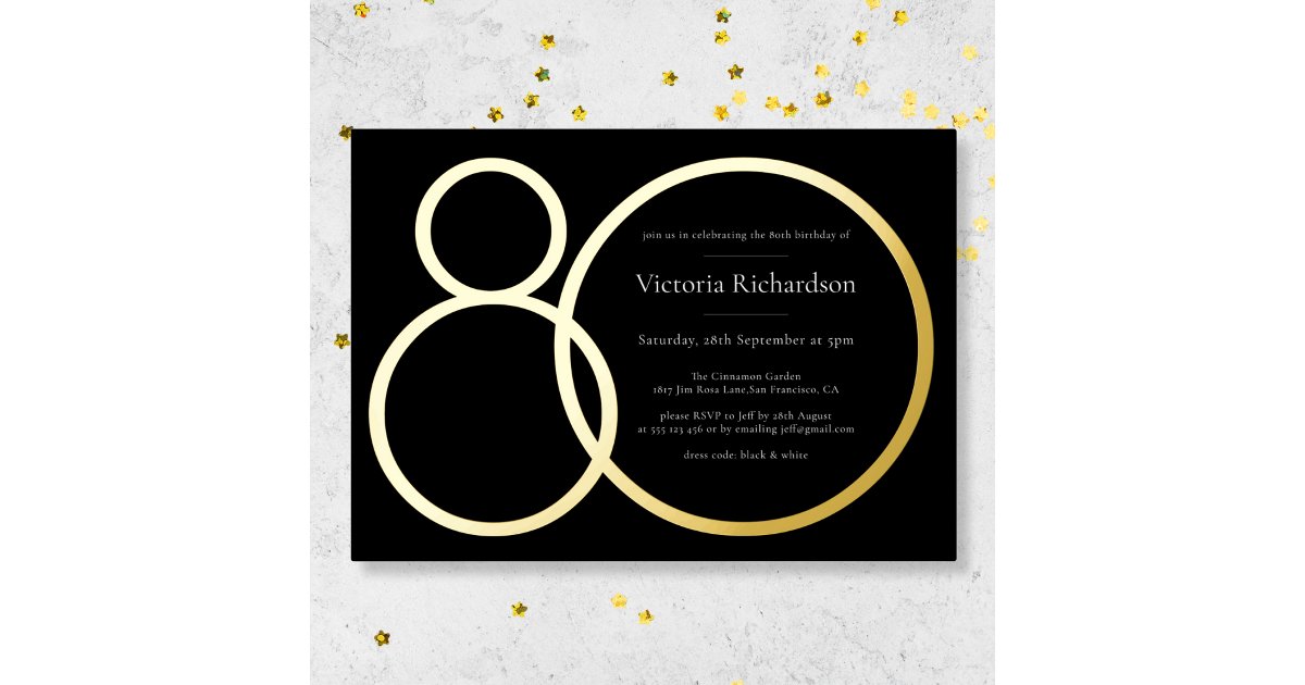 Elegant Custom Minimalist Black 80th Birthday Gold Foil Invitation | Zazzle