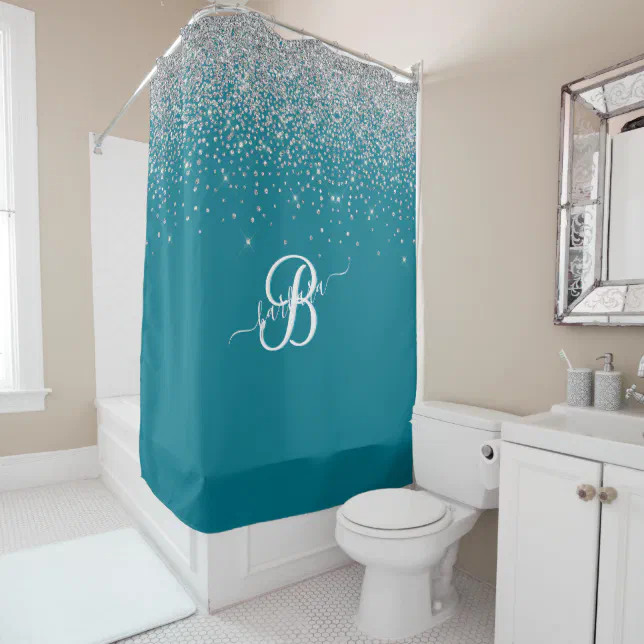 Elegant Custom Monogram Turquoise Silver Sparkle Shower Curtain | Zazzle