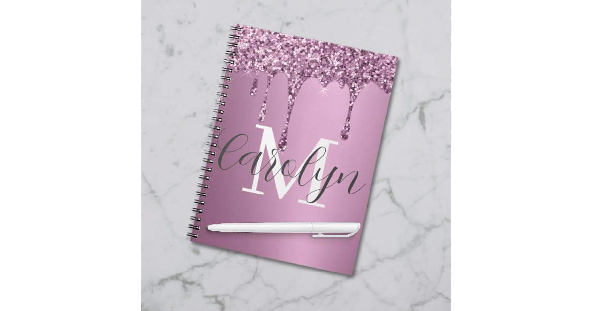 Elegant Custom Name Pink Glitter Drip Notebook | Zazzle