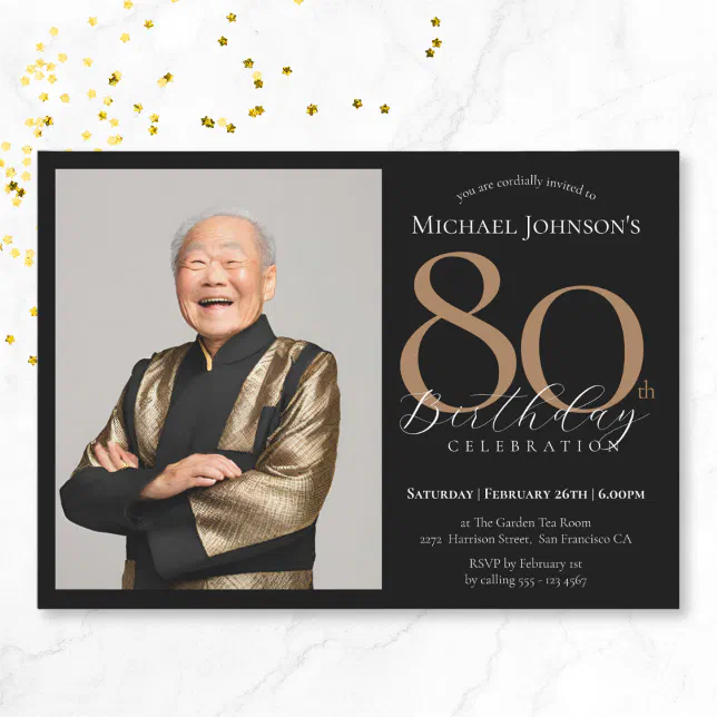 Elegant Custom Photo Black Gold 80th Birthday Invitation | Zazzle