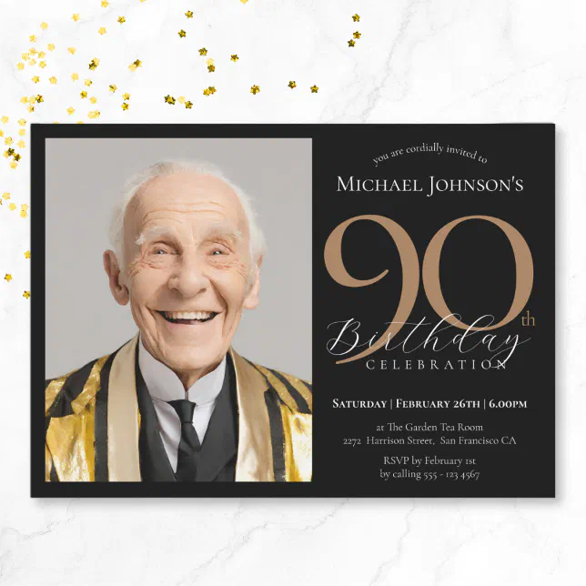 Elegant Custom Photo Black Gold 90th Birthday Invitation | Zazzle