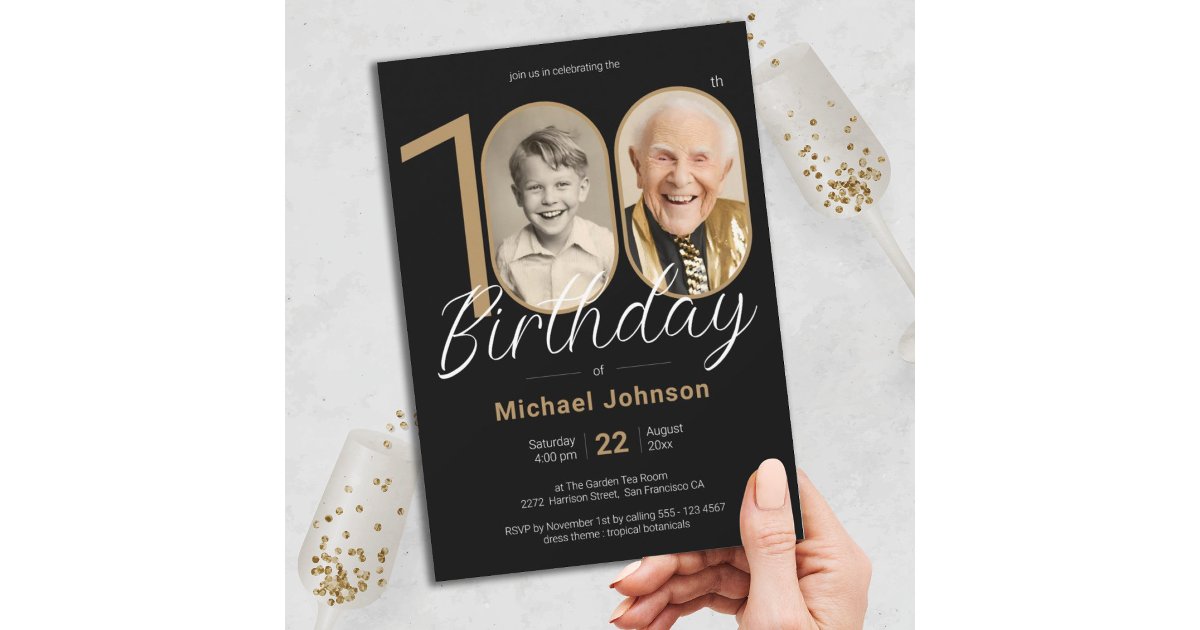Elegant Custom Photo Gold Black 100th Birthday Invitation | Zazzle