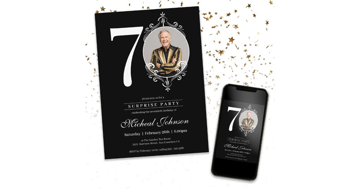 Elegant Custom Photo Surprise 70th Birthday Party Invitation | Zazzle