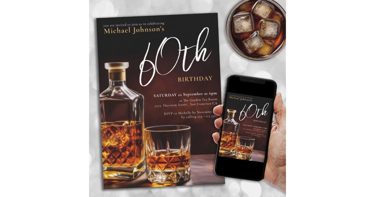 Elegant Custom Whiskey 60th Birthday Party Invitation | Zazzle