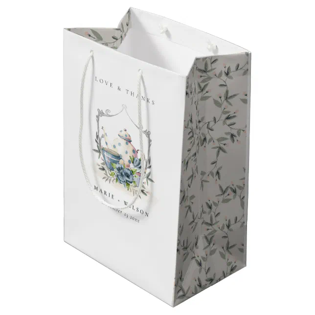 Elegant Cute Aqua Blue floral Teapot Cup Wedding Medium Gift Bag | Zazzle
