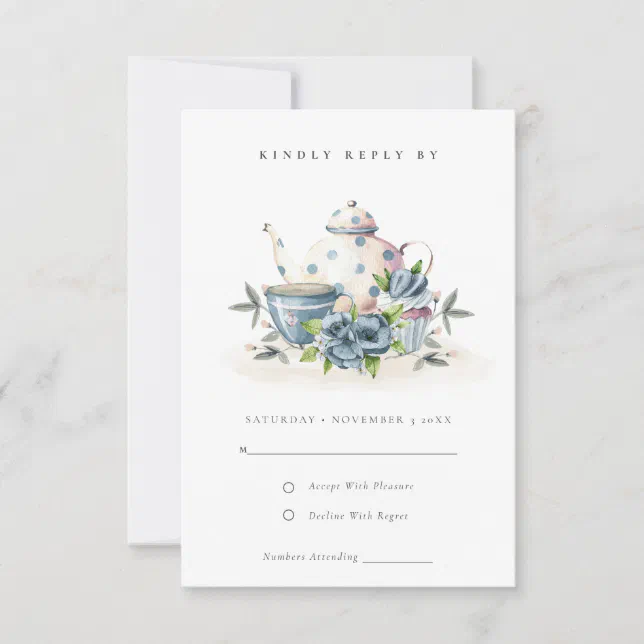 Elegant Cute Aqua Blue Floral Teapot Cup Wedding RSVP Card | Zazzle