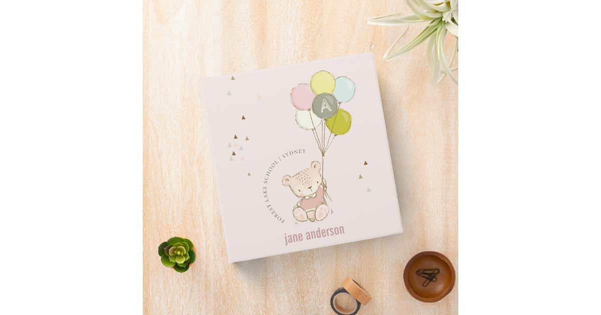 Elegant Cute Blush Bear Balloon Girly Monogram 3 Ring Binder | Zazzle