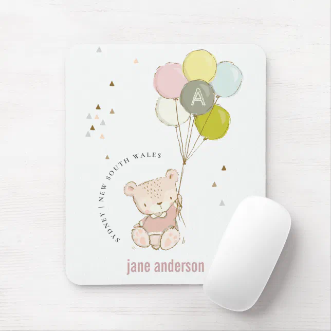 Elegant Cute Blush Bear Balloon Girly Monogram Mouse Pad | Zazzle