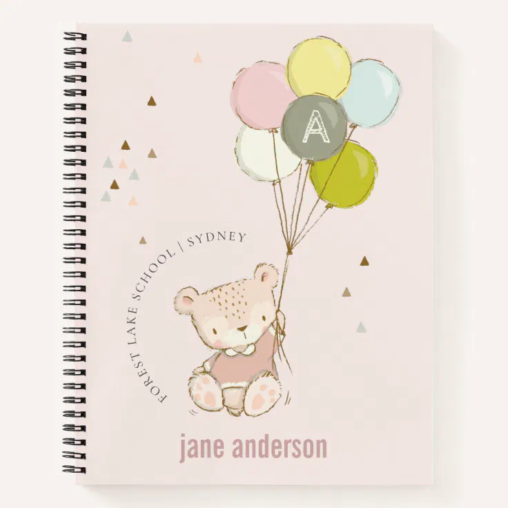 Elegant Cute Blush Bear Balloon Girly Monogram Notebook | Zazzle