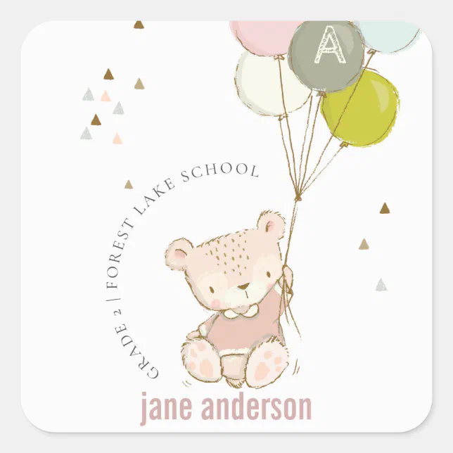 Elegant Cute Blush Bear Balloon Kids Monogram Square Sticker | Zazzle