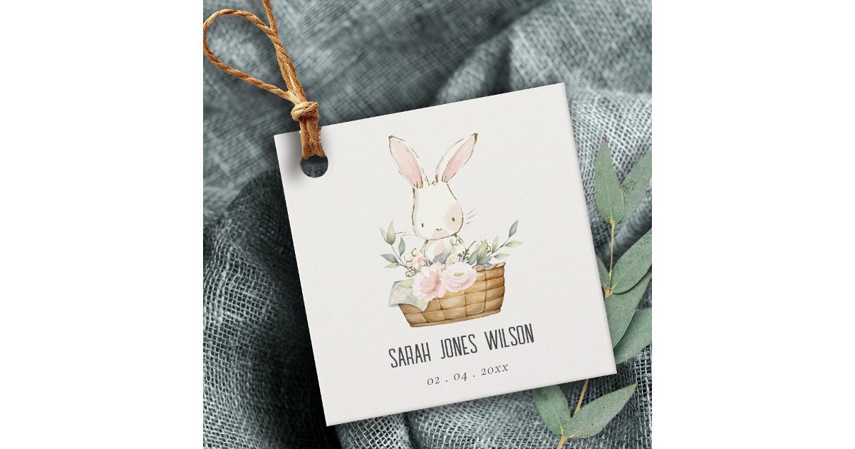 Elegant Cute Bunny In Floral Basket Kids Birthday Favor Tags | Zazzle