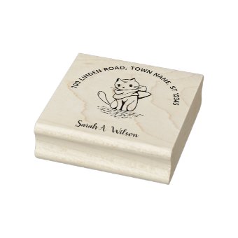 Elegant Cute Cat Bookplate Ex Libris Name Address Rubber Stamp | Zazzle