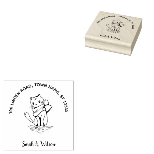 Elegant Cute Cat Bookplate Ex Libris Name Address Rubber Stamp | Zazzle
