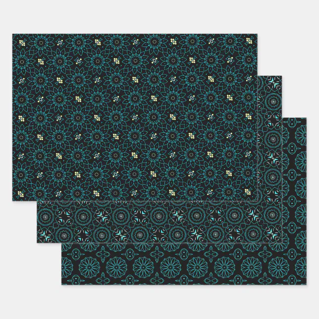 Elegant Cute Chic Black & Teal Geometric Patterns Wrapping Paper Sheets ...