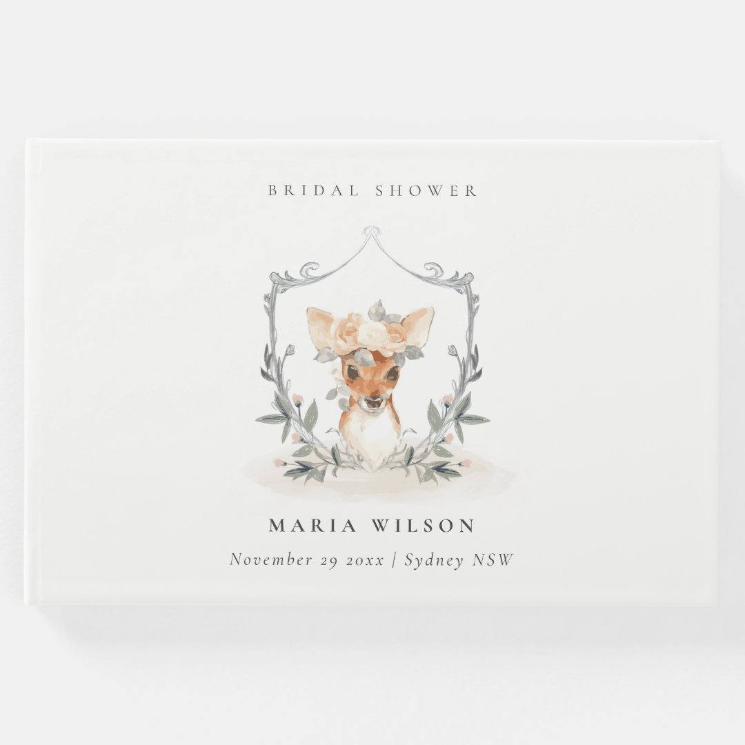 Elegant Cute Dusky Deer Floral Crest Bridal Shower Guest Book Zazzle