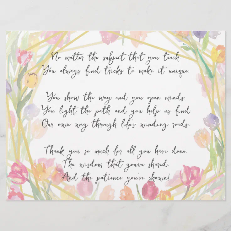 Elegant Cute Floral Appreciation Poem for Teacher Letterhead | Zazzle