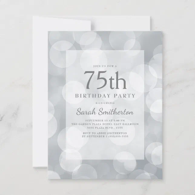 Elegant Cute Glittery Silver Bokeh 75th Birthday Invitation | Zazzle
